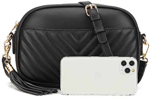 lola mae Quilted Crossbody Bag, PU Lightweight Shoulder Purse Top Zipper Tassel Accent Black Purse(Black-729)