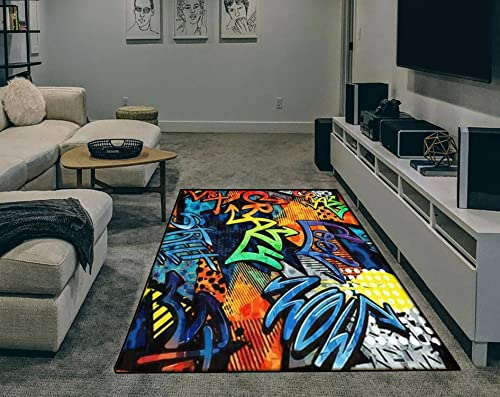 Modern Abstract Area Rugs for Living Room Kitchen Bedroom Abstract Bright Graffiti Pattern with Bricks Paint Drips Words in Bathroom Rugs Stain Resistant Carpet Mat Pad Rectangular Home Decor