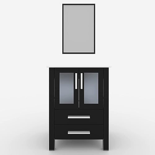 LUCKWIND 24" Modern Bathroom Vanity with Sink Combo, Black MDF Bathroom Storage Cabinet with Overflow 3-Hole Drop in Ceramic Vessel Sink Top & Mirror, Excluding Faucet