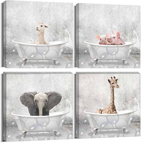 oulawote Animal Wall Art Canvas Print Funny Giraffe Elephant Painting Picture for Bathroom Living Room Decorations (Overall Size: 12''x12''x4pcs)