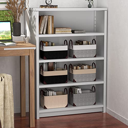 Foldable Storage Bins Baskets - Decorative Linen Fabric Storage Baskets with Steel Frame and PU Leather Handles for Organizing Shelf Closet