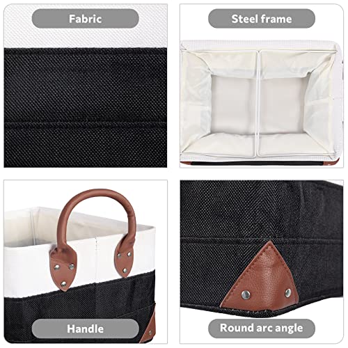Foldable Storage Bins Baskets - Decorative Linen Fabric Storage Baskets with Steel Frame and PU Leather Handles for Organizing Shelf Closet
