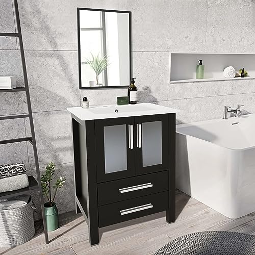 LUCKWIND 24" Modern Bathroom Vanity with Sink Combo, Black MDF Bathroom Storage Cabinet with Overflow 3-Hole Drop in Ceramic Vessel Sink Top & Mirror, Excluding Faucet