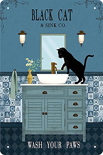 Funny Bathroom Decor Signs Funny Black Cat Decor Vintage Tin Sign Coffee Cats Print Wash Your Paws Black Cat Metal Poster Love Cats Metal Poster Art Black Cat Gifts Black Decor 12 x 8 Inch