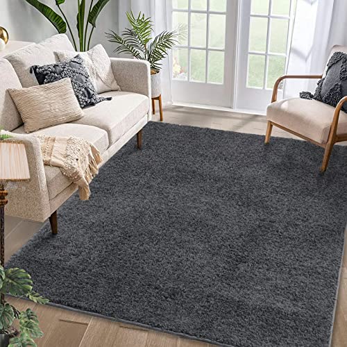 GlowSol Solid Shaggy Rug 5x8 Plush Area Rug for Bedroom Non Slip High Pile Indoor Carpet Dark Grey Rug Modern Fluffy Area Rug for Living Room Kids Room Nursery Home Office