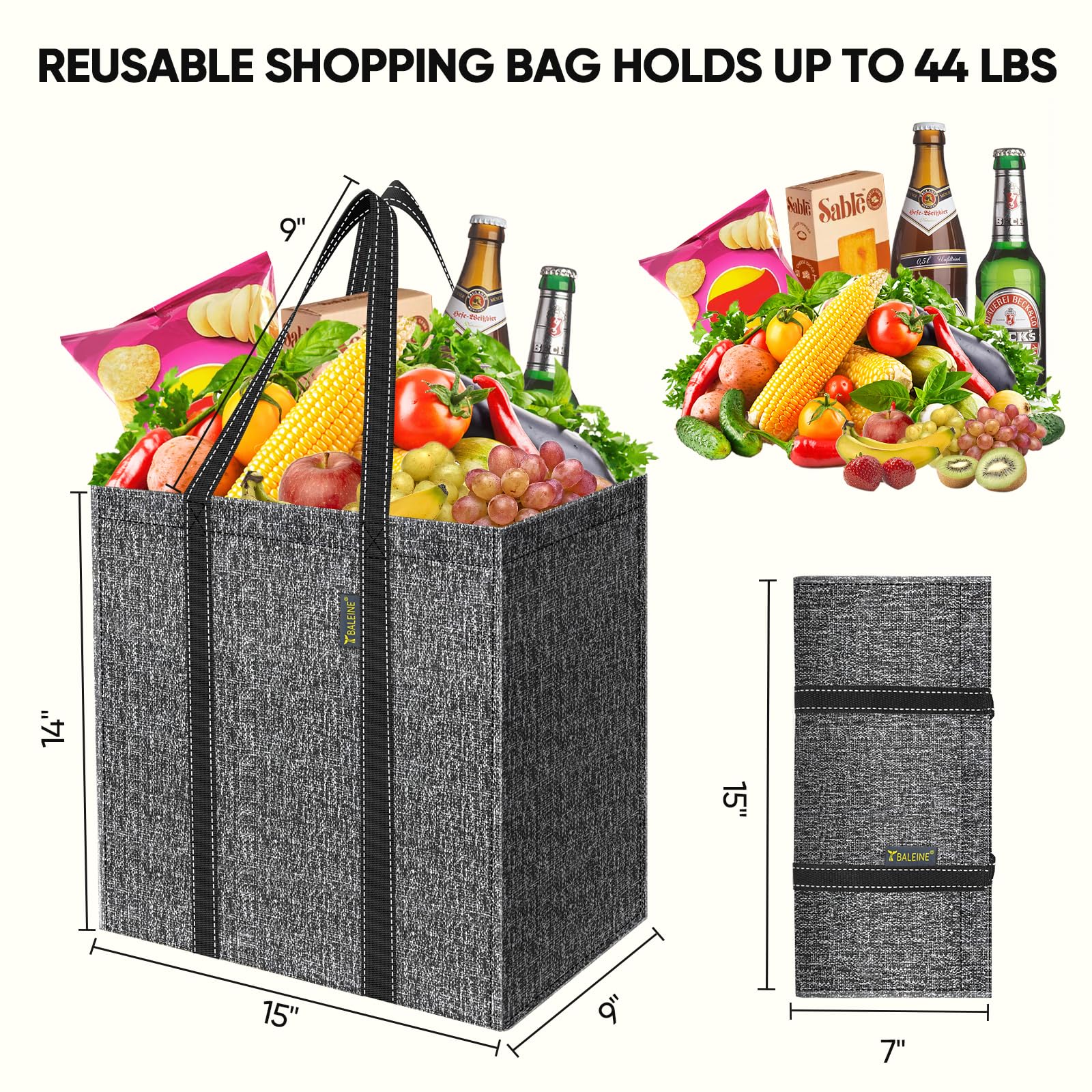 BALEINE 4 PK Grocery Bags Reusable Shopping Bags with Reinforced Bottom, Heavy Duty Foldable Tote Bags (Grey)
