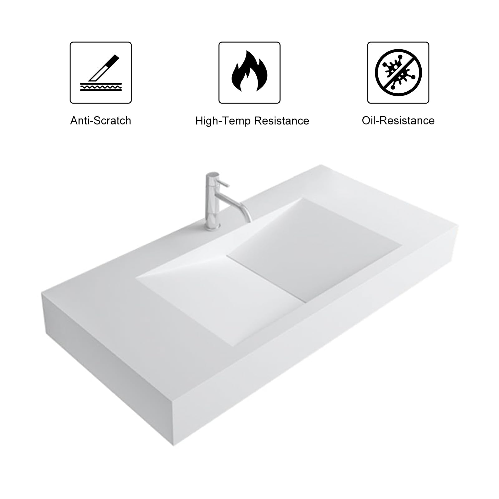 Weibath 35'' Vessel Sink Wall-Mount Bathroom Sink V-Shaped Floating Sink Stone Resin in Matte White