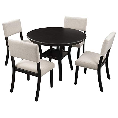 Merax 5-Piece Kitchen Dining Table Set Round Table with Bottom Shelf, 4 Upholstered Chairs for Dining Room(Espresso)