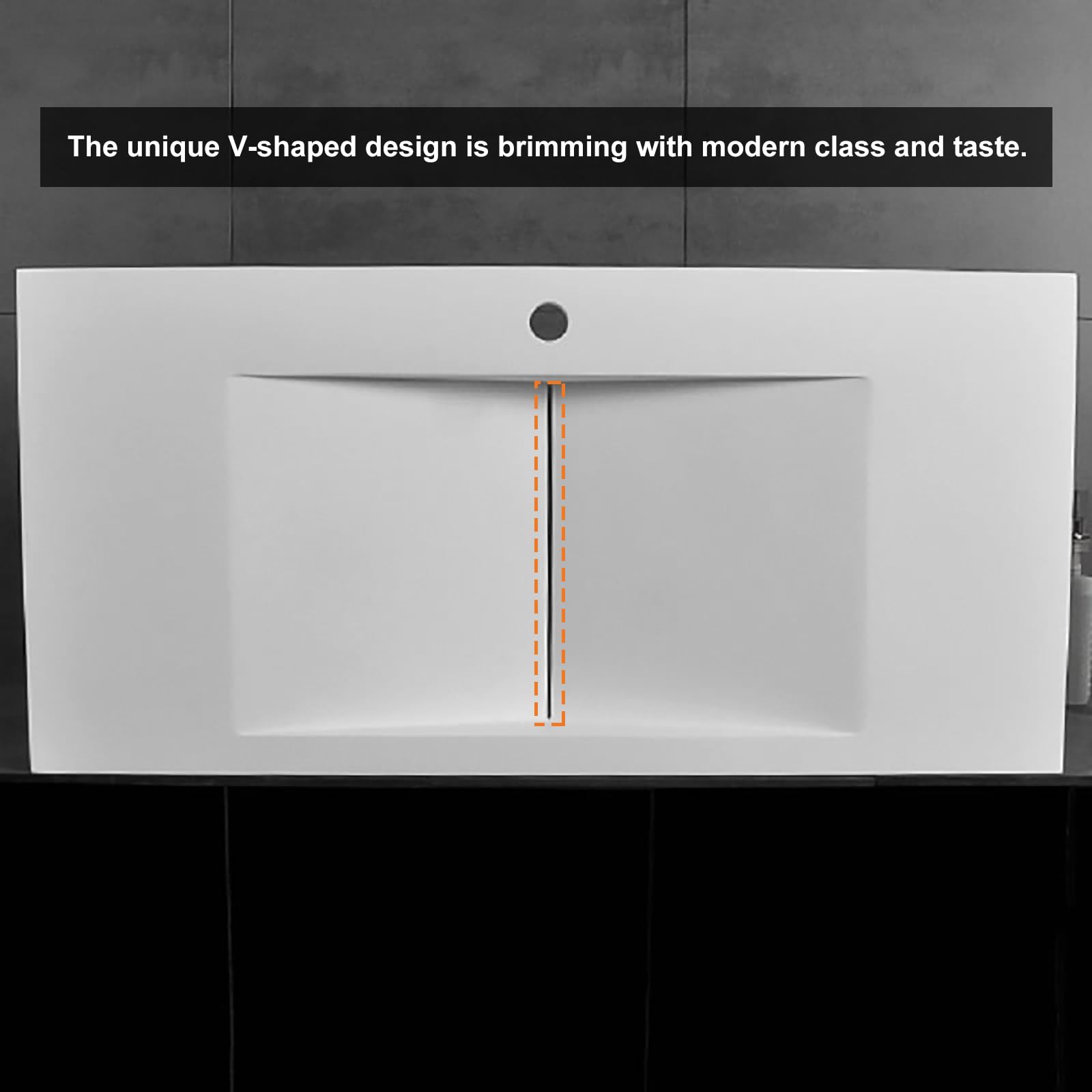 Weibath 35'' Vessel Sink Wall-Mount Bathroom Sink V-Shaped Floating Sink Stone Resin in Matte White
