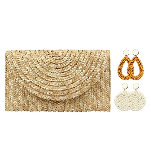 Freie Liebe Straw Clutch Bag for Women Summer Clutch Purses Beach Envelope Woven Handbags with 5PCS Earrings