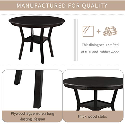 Merax 5-Piece Kitchen Dining Table Set Round Table with Bottom Shelf, 4 Upholstered Chairs for Dining Room(Espresso)