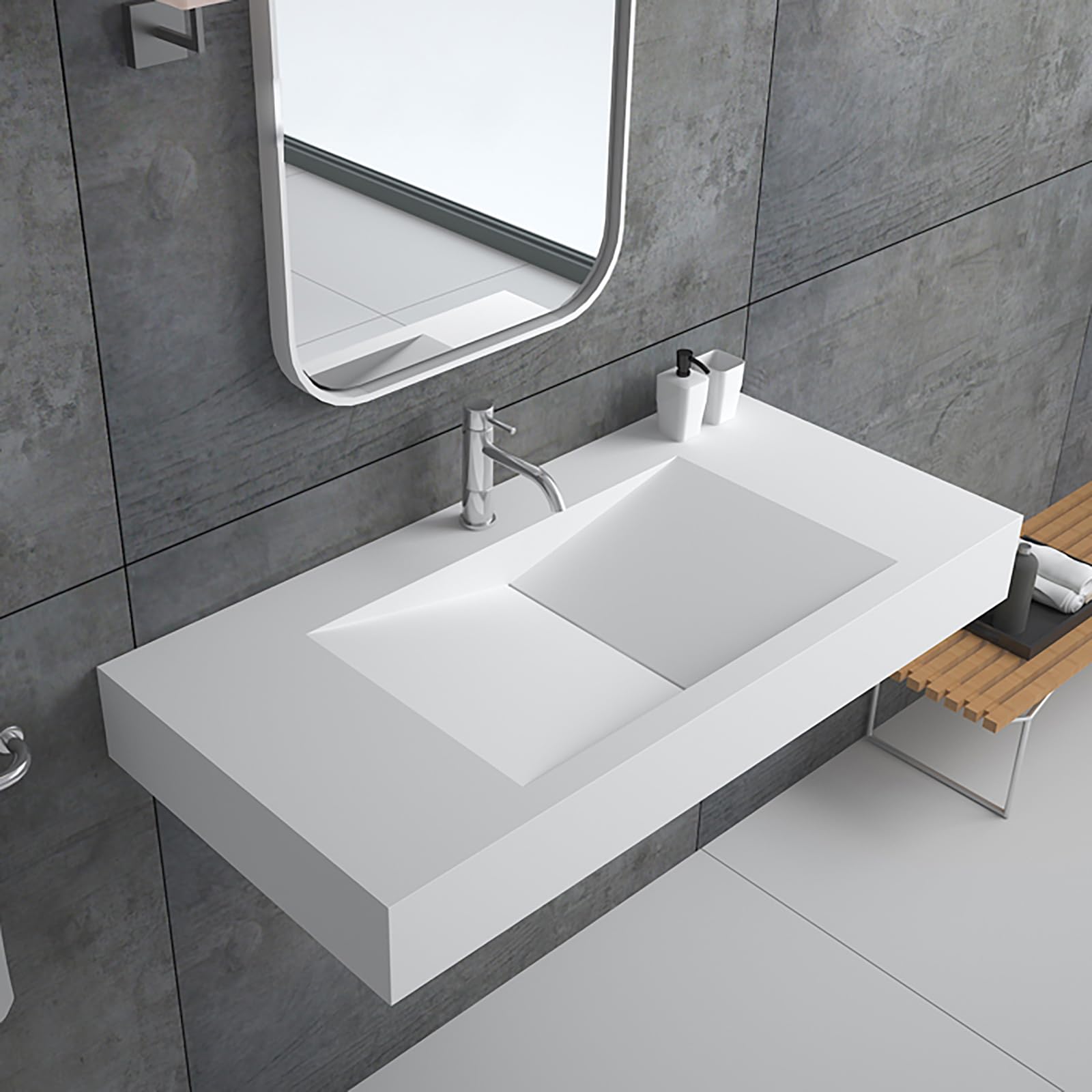 Weibath 35'' Vessel Sink Wall-Mount Bathroom Sink V-Shaped Floating Sink Stone Resin in Matte White