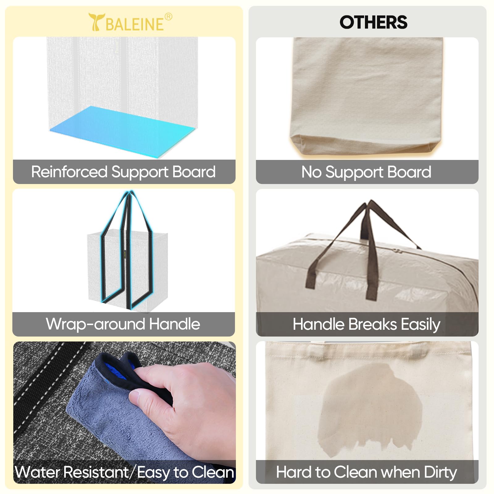 BALEINE 4 PK Grocery Bags Reusable Shopping Bags with Reinforced Bottom, Heavy Duty Foldable Tote Bags (Grey)