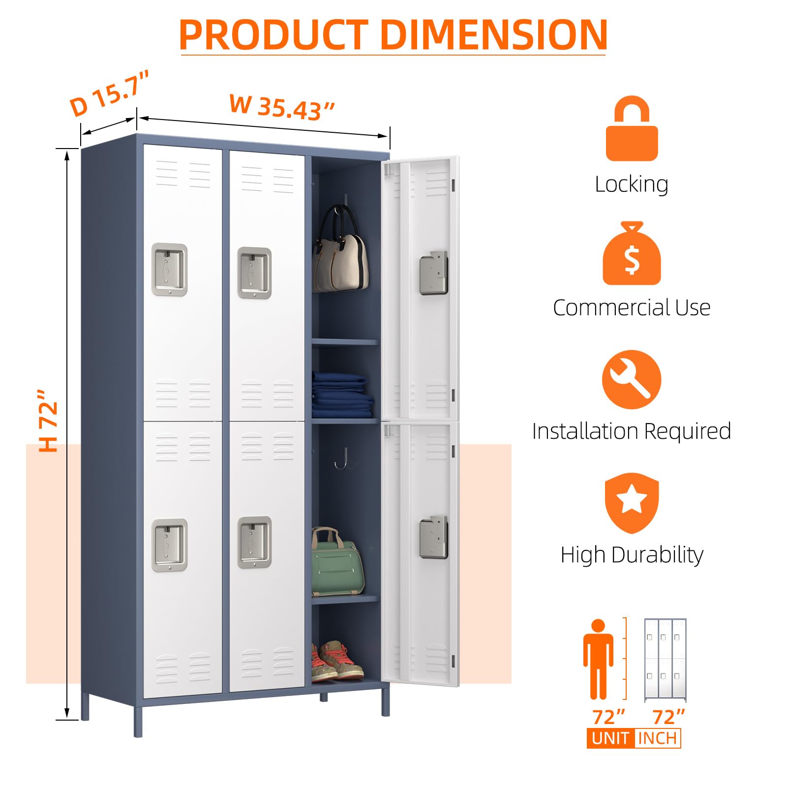 Aobabo Metal Office Storage Lockers, 6 Lockable Door Locker Cabinet, 72" H Tall Storage for Employee,Gym,Home,School, Gray White, Assembly Required