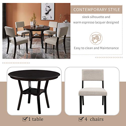 Merax 5-Piece Kitchen Dining Table Set Round Table with Bottom Shelf, 4 Upholstered Chairs for Dining Room(Espresso)