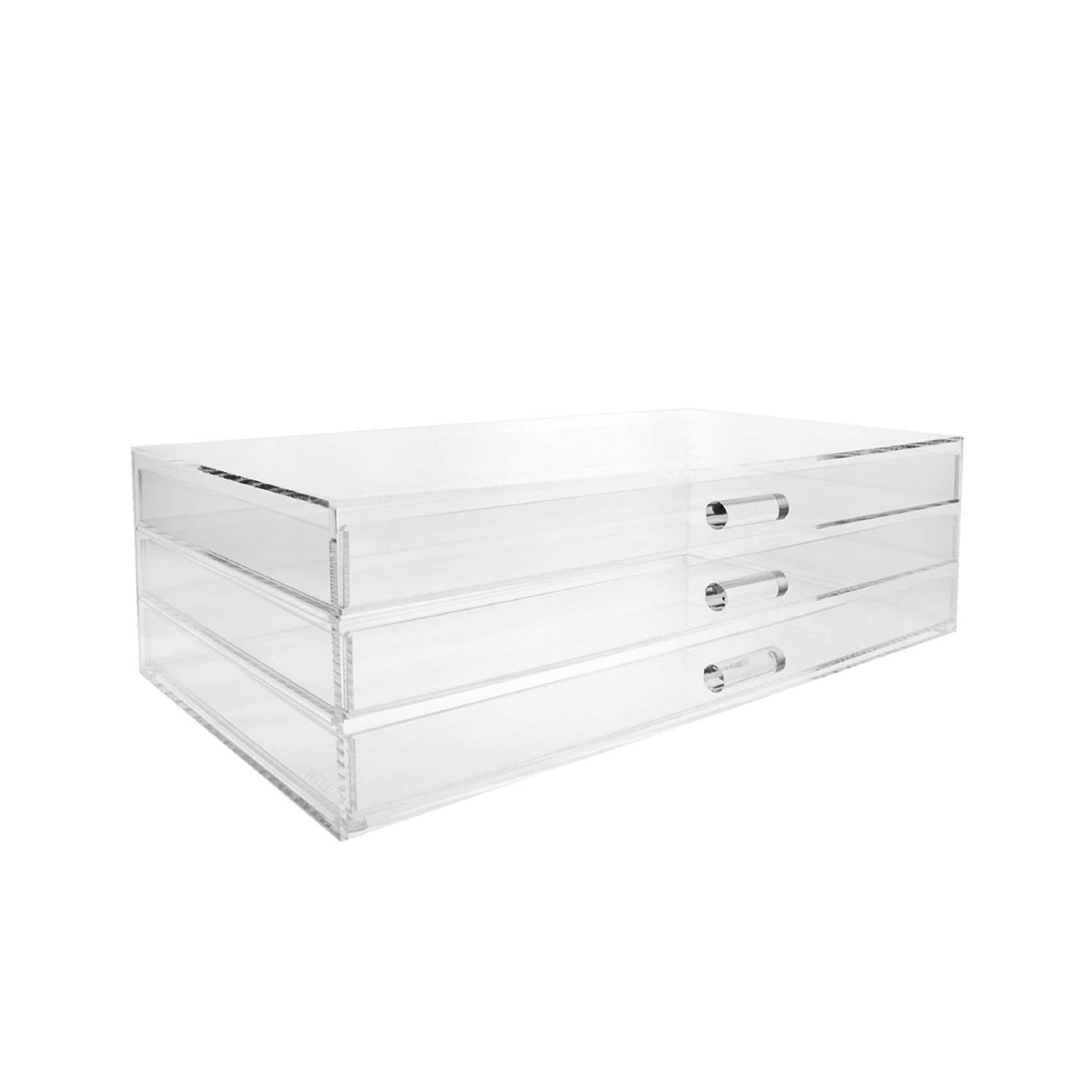 Ikee Design Large Premium Acrylic Jewelry Organizers with 3 Drawers, Acrylic Jewelry Box, Jewelry Display Organizer, Ideal for Vanity,Bathroom,Desktop,14.5 W x 8.25 D x 4.5 H in, with Black Padding