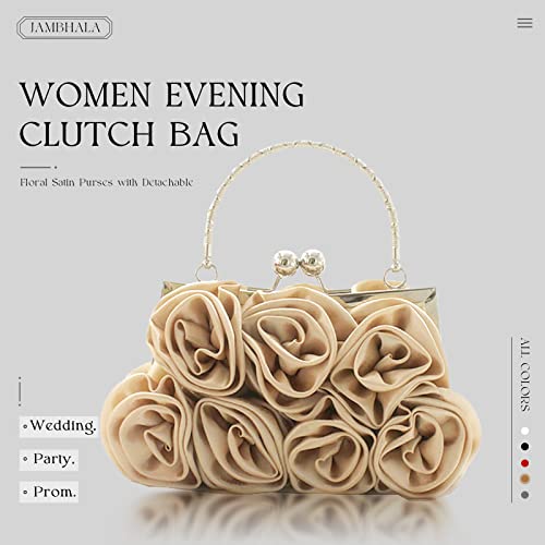 JAMBHALA Women Evening Clutch Bag Floral Satin Small Purses with Detachable Strap for Wedding, Party, Prom (Champagne)
