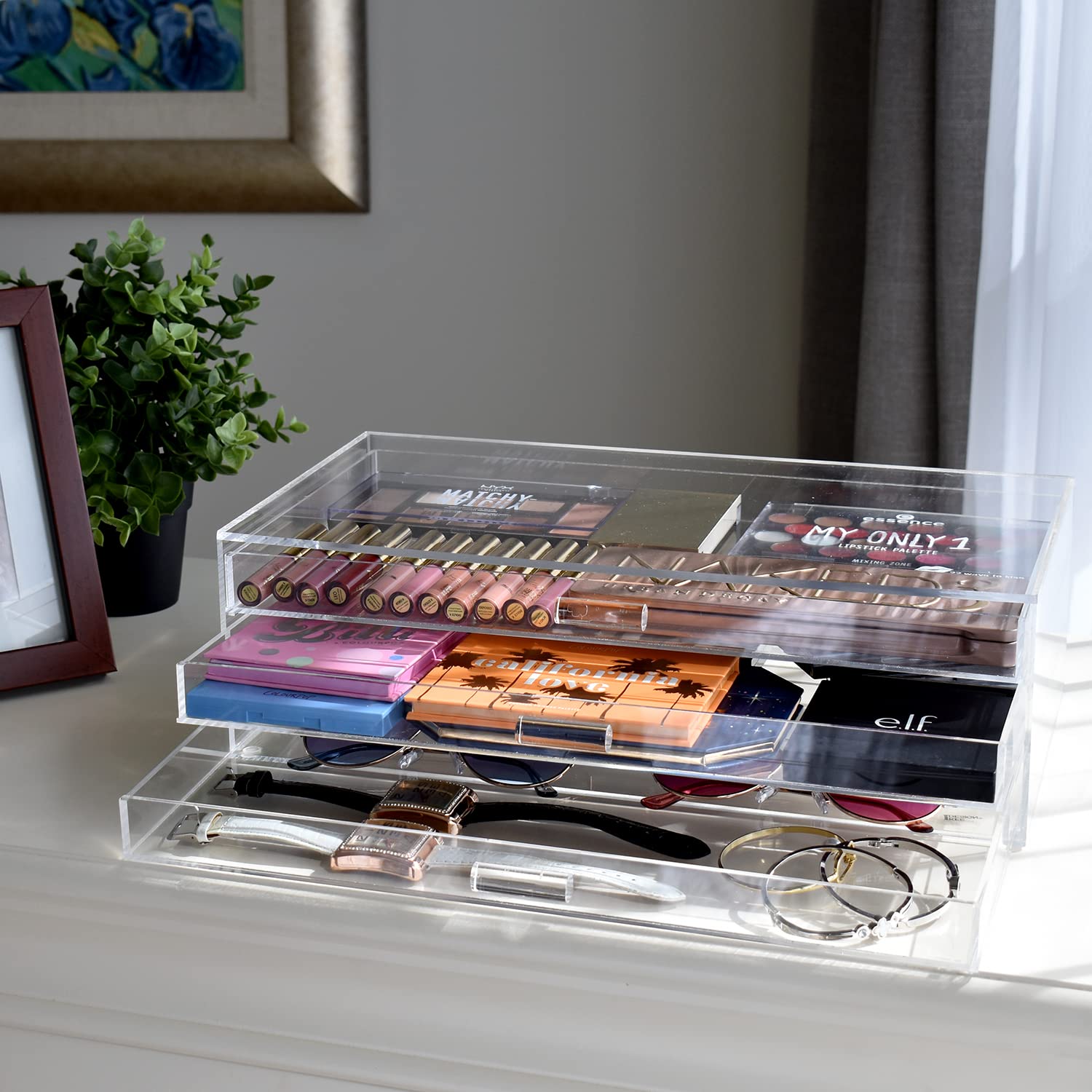 Ikee Design Large Premium Acrylic Jewelry Organizers with 3 Drawers, Acrylic Jewelry Box, Jewelry Display Organizer, Ideal for Vanity,Bathroom,Desktop,14.5 W x 8.25 D x 4.5 H in, with Black Padding