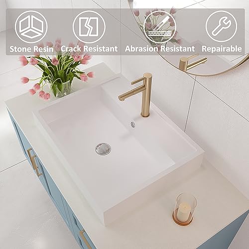 ARTSTONE 23.6 x 18.5 inch Bathroom Vessel Sink with Pop-up Drain Combo Above Counter, Stone Resin Rectangle Bathroom Sink with Overflow, Vanity Countertop Bowl Sink Washing Basin, White