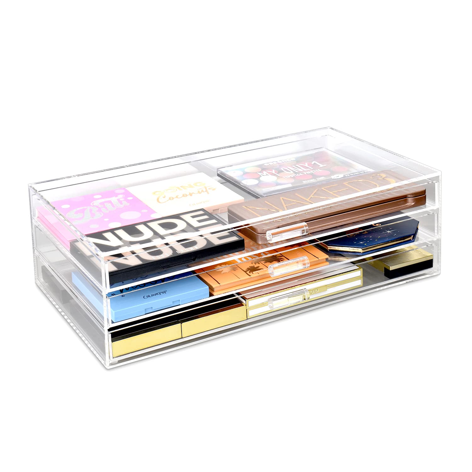 Ikee Design Large Premium Acrylic Jewelry Organizers with 3 Drawers, Acrylic Jewelry Box, Jewelry Display Organizer, Ideal for Vanity,Bathroom,Desktop,14.5 W x 8.25 D x 4.5 H in, with Black Padding