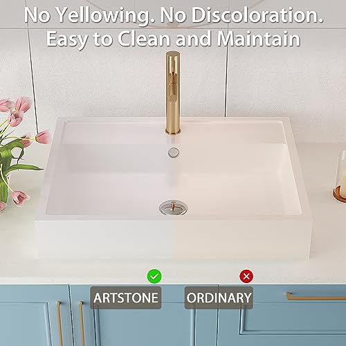ARTSTONE 23.6 x 18.5 inch Bathroom Vessel Sink with Pop-up Drain Combo Above Counter, Stone Resin Rectangle Bathroom Sink with Overflow, Vanity Countertop Bowl Sink Washing Basin, White