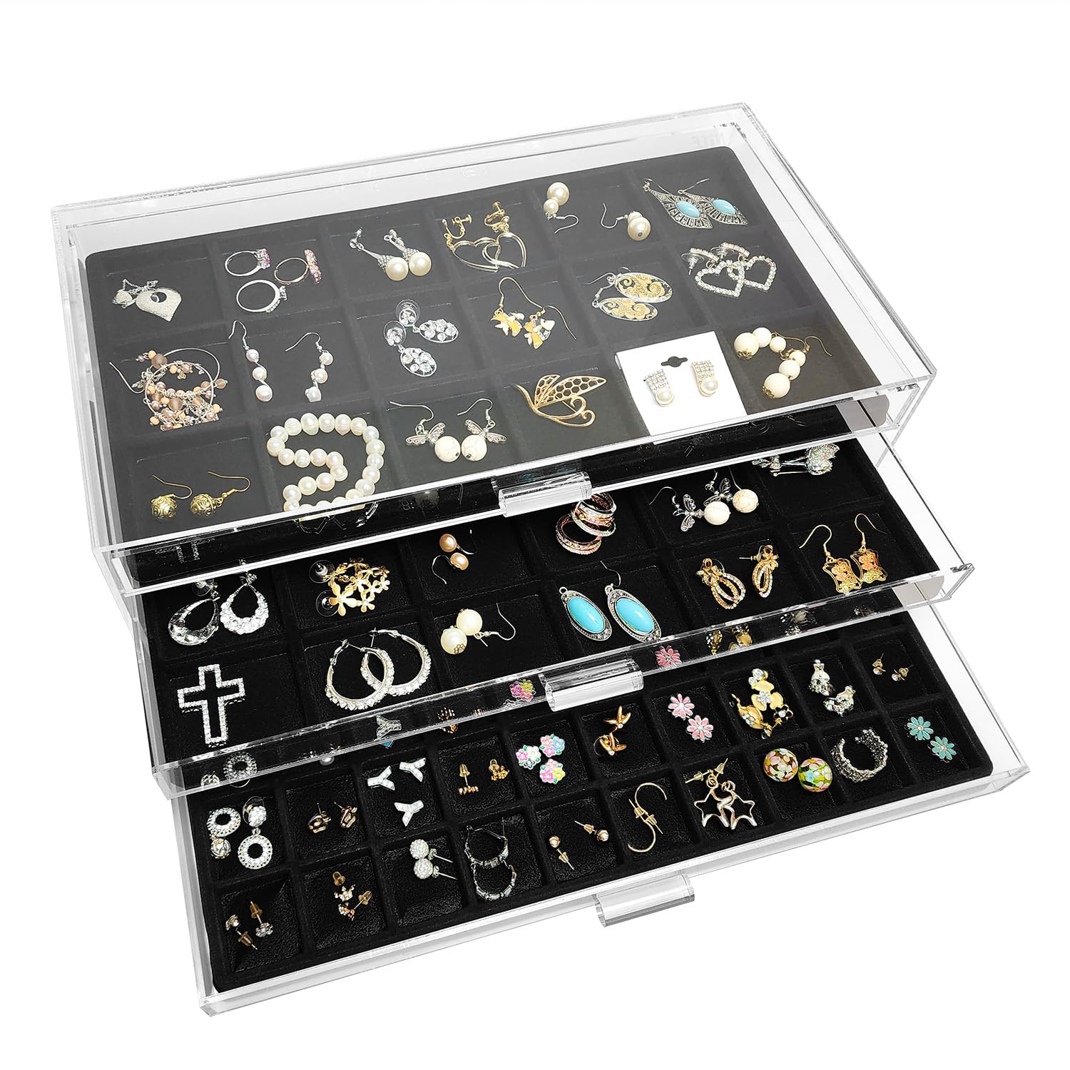 Ikee Design Large Premium Acrylic Jewelry Organizers with 3 Drawers, Acrylic Jewelry Box, Jewelry Display Organizer, Ideal for Vanity,Bathroom,Desktop,14.5 W x 8.25 D x 4.5 H in, with Black Padding