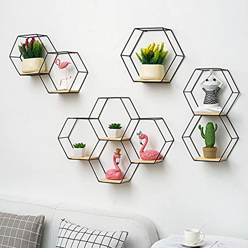 QiancArolBD Hexagonal Shelf, Wall Storage Rack, Geometric Wall Mounted Shelf, Modern Nordic Style Storage Shelf, Stylish Room Decor for Home, Living Room, Bedroom Golden S
