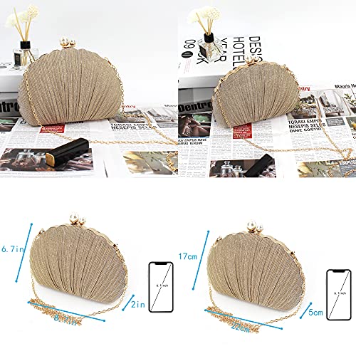 Felice Ann Women Mini Seashell Evening Bag Clutch Handbag Chain Strap Cross-body Shoulder Bag,Pleated Golden