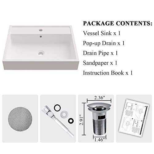 ARTSTONE 23.6 x 18.5 inch Bathroom Vessel Sink with Pop-up Drain Combo Above Counter, Stone Resin Rectangle Bathroom Sink with Overflow, Vanity Countertop Bowl Sink Washing Basin, White