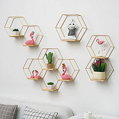 QiancArolBD Hexagonal Shelf, Wall Storage Rack, Geometric Wall Mounted Shelf, Modern Nordic Style Storage Shelf, Stylish Room Decor for Home, Living Room, Bedroom Golden S