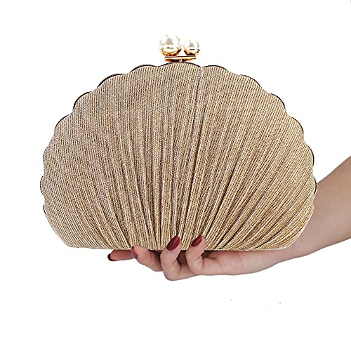 Felice Ann Women Mini Seashell Evening Bag Clutch Handbag Chain Strap Cross-body Shoulder Bag,Pleated Golden