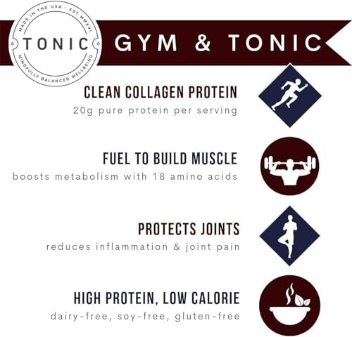 Gym & Tonic Low Calorie Collagen Protein Powder with 18 Amino Acids - Unflavored, Non-GMO, 0 Sugar, 0 Carbs, 20 Grams Clean Protein Per Serving, 1lb