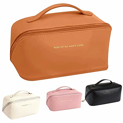 KIMBURG Large Capacity Travel Makeup Bag Portable Travel Cosmetic Bag for Women,Makeup Organizer Storage Cases Toiletry Bag Waterproof Bathroom Bag for Girls With Handle and Divider(Brown)
