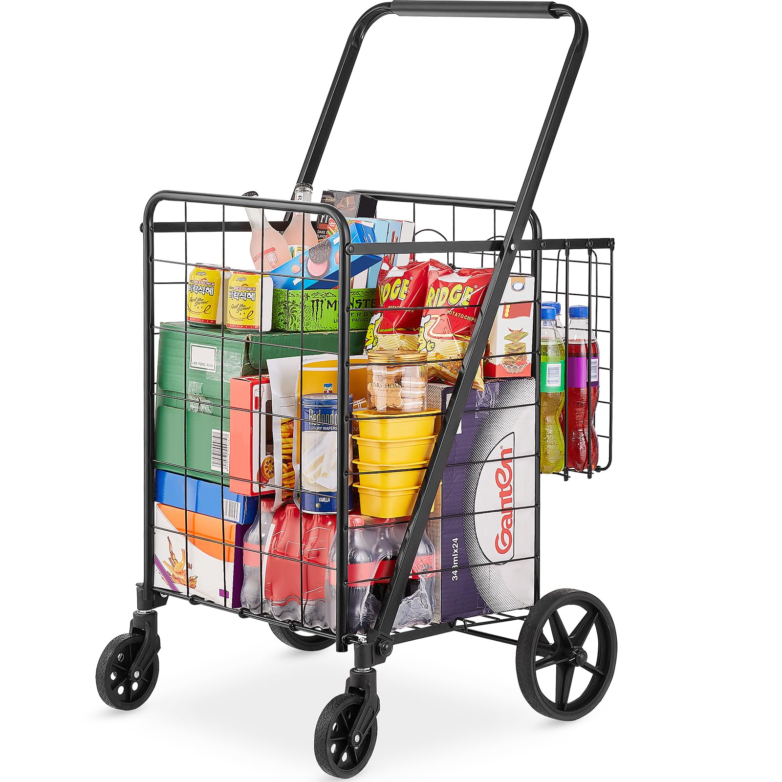 VEVOR Folding Shopping Cart, Jumbo Grocery Cart with Double Baskets, 360° Swivel Wheels, Heavy Duty Utility Cart, 110 LBS Large Capacity Utility Cart for Laundry, Shopping, Grocery, Luggage, Black