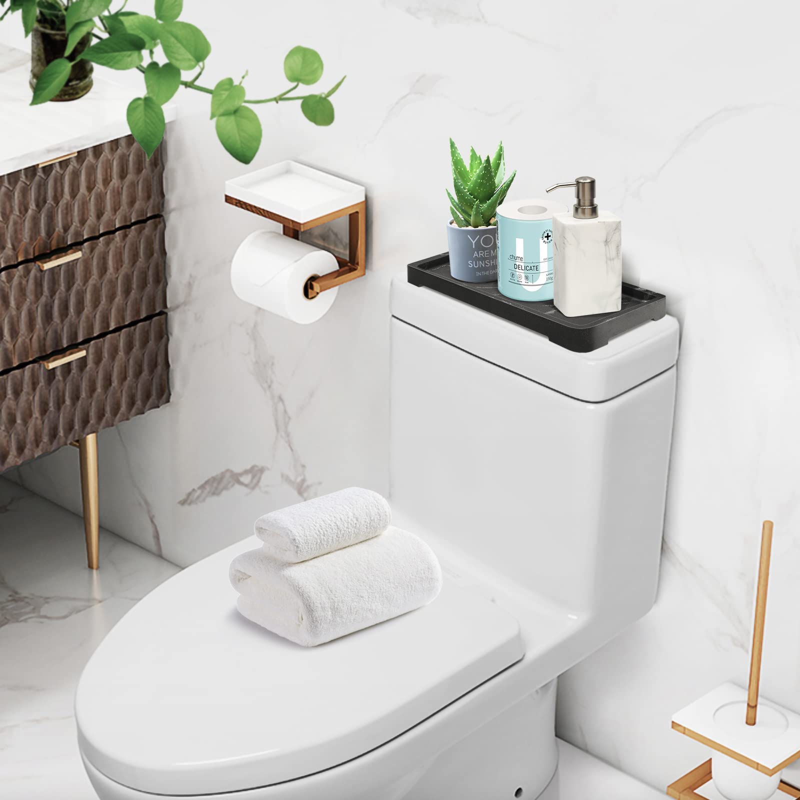 Suanti Bathroom Vanity Sink Counter Organization,Black Marble Style Vanity Countertop Organizer for Soap Towel Perfume Holder Plant Bathroom Accessories-Small