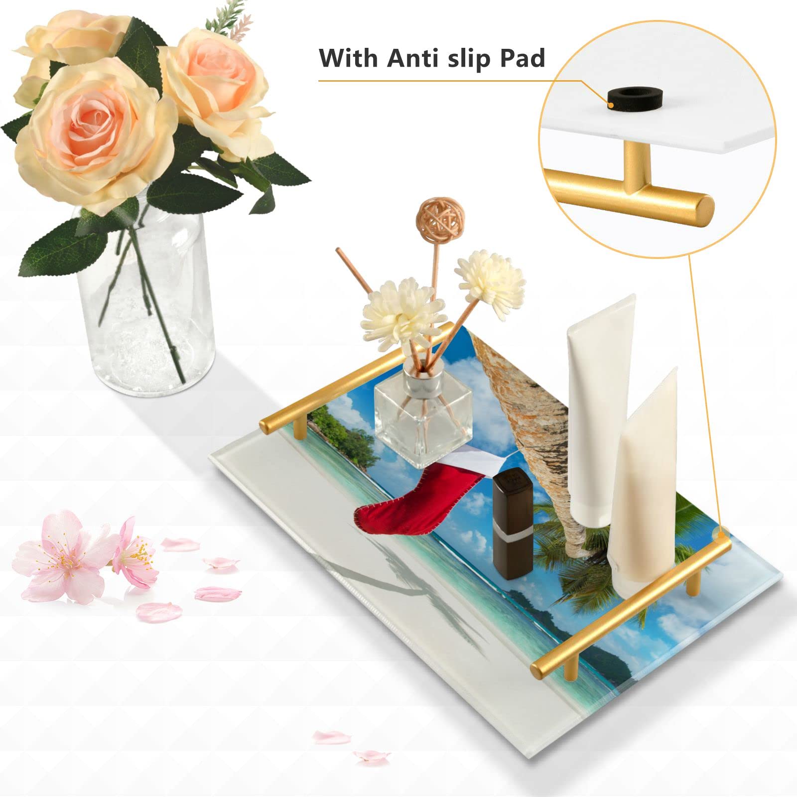 Christmas Sock on Palm Tree Bathroom Vanity Tray for Countertop Decorative Trays with Handles Acrylic Hand Towel Tray for Living Room Kitchen Dresser Tops Home Decor