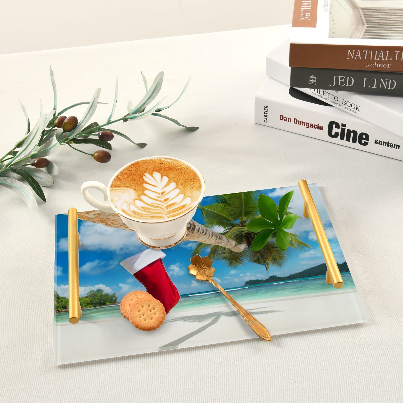 Christmas Sock on Palm Tree Bathroom Vanity Tray for Countertop Decorative Trays with Handles Acrylic Hand Towel Tray for Living Room Kitchen Dresser Tops Home Decor