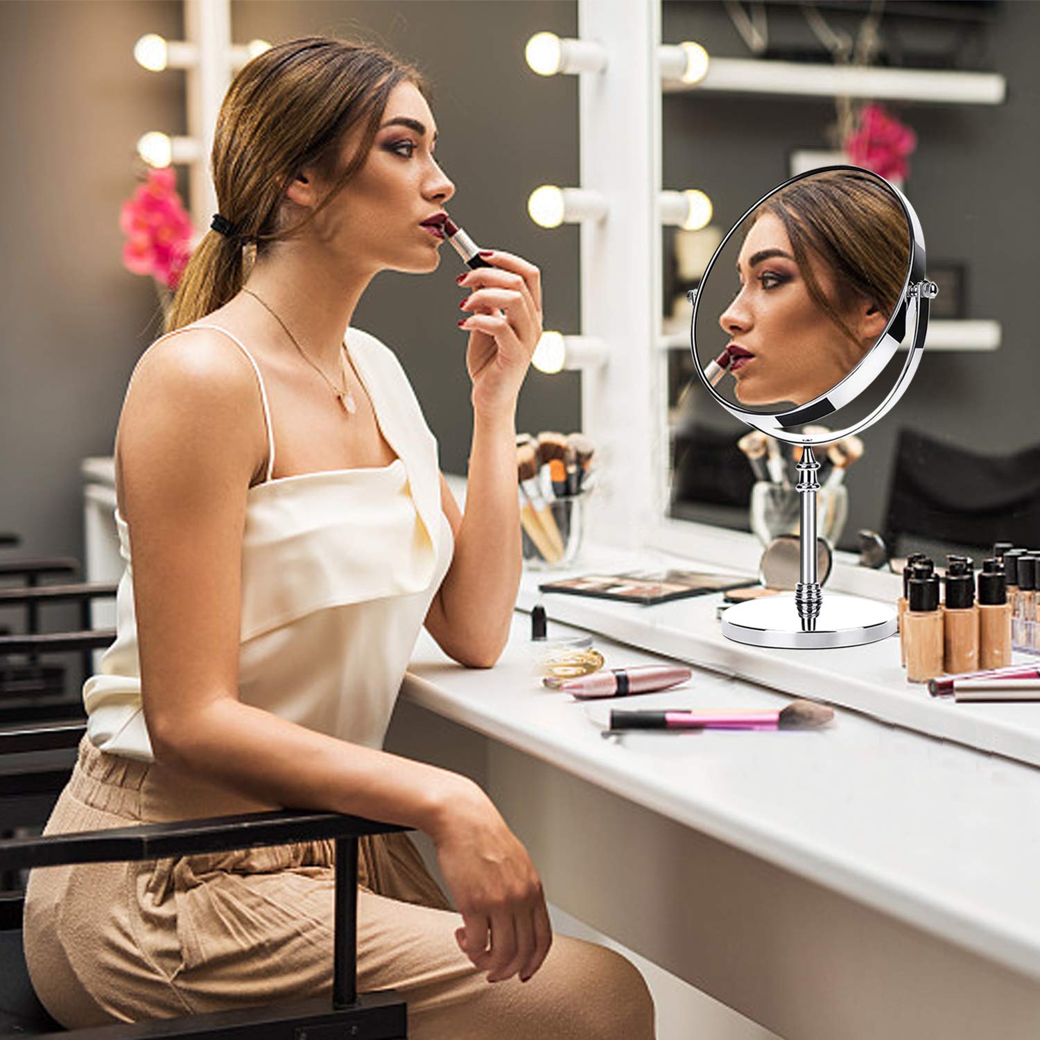 TAOKEY 8Inch 10X Magnifying Mirror, Double Sided Makeup Mirror on Round Stand for Tabletop, Bedroom Vanity Desk and Bathroom Counter - Free Standing Double Sided 10X/1X Magnification Mirror.