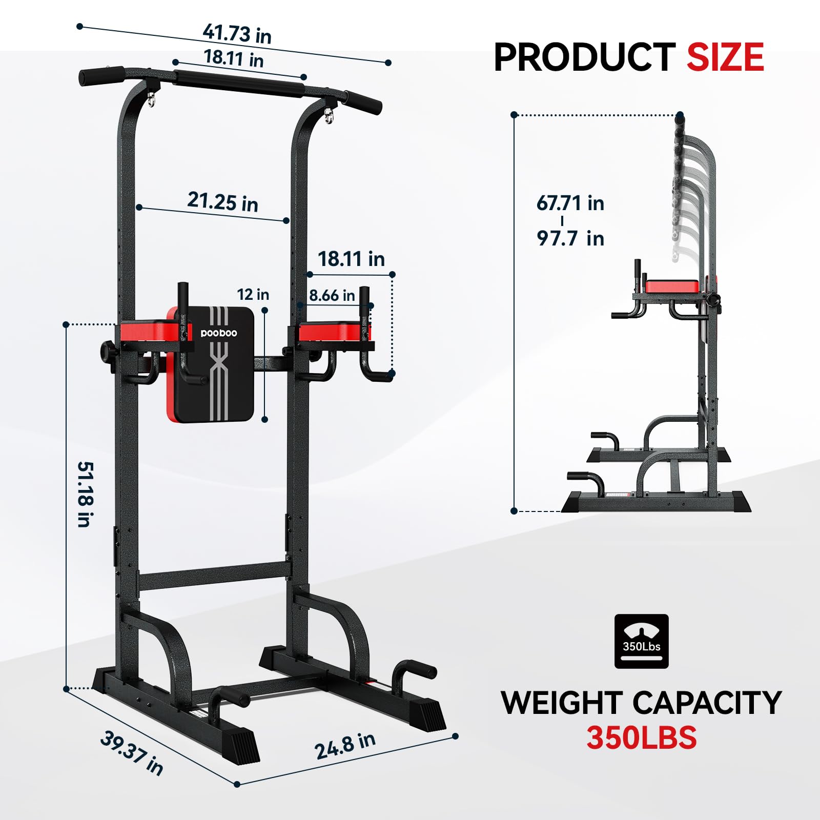 Pooboo Power Tower Dip Station, Pull Up Bar Stand for Fitness Home Gym Workout, Pull Up Dip Station, Multi-Function Power Tower Pull Up Bar,Adjustable Strength Training Fitness Equipment, 350LB Weight