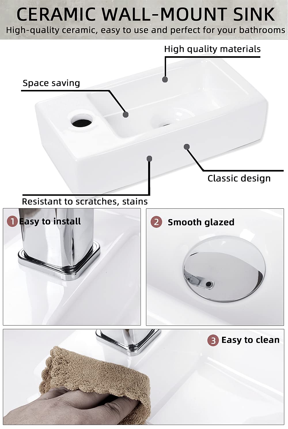 QUXIJA Ceramic Liberty Wall Mount Sink, Rectangle Small Bathroom Sink,Classic Look and Save Space,Right/Left Hand (Left Hand)