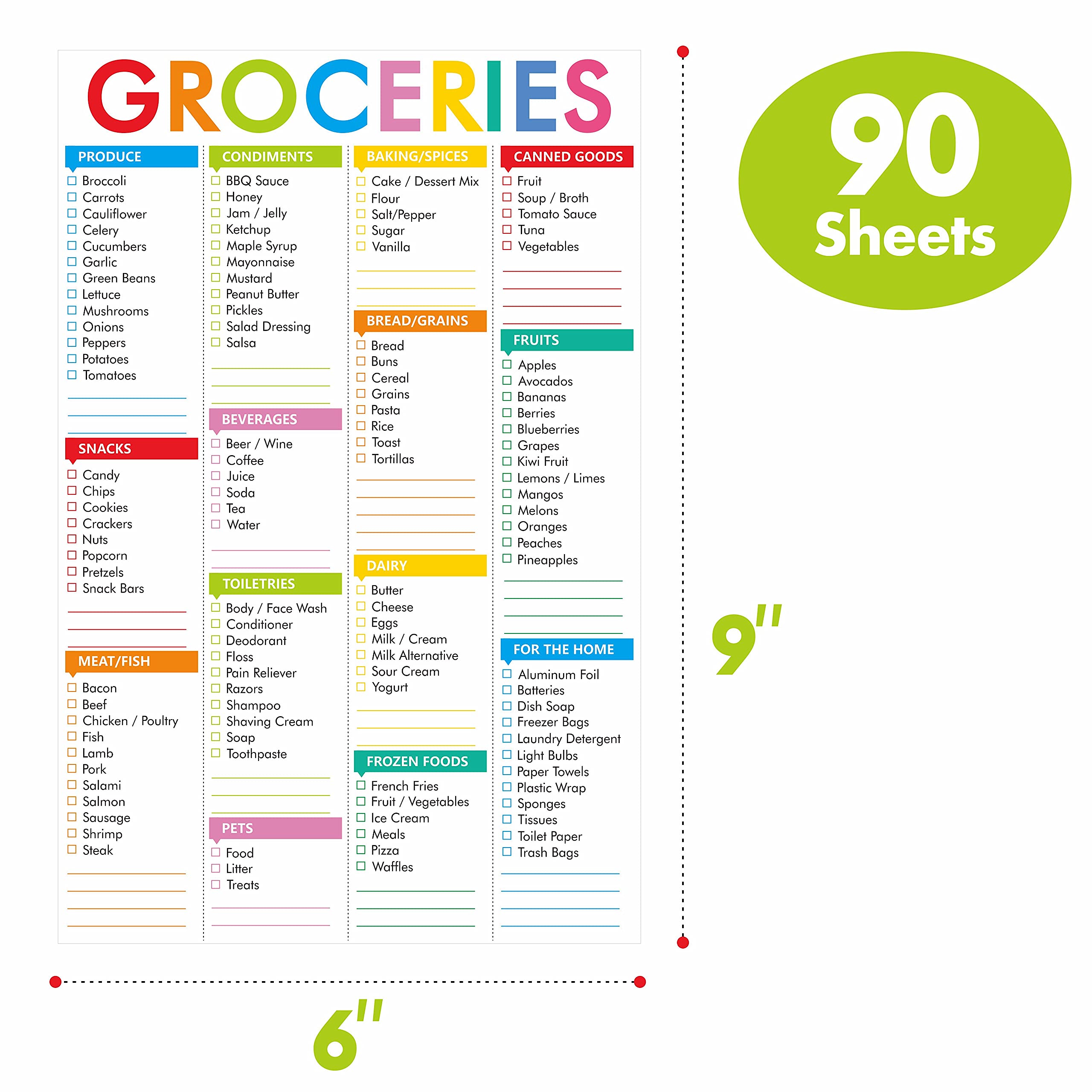 90 Sheets Fastcheck Grocery List Magnet Pad, 110 Printed Common Food for Fridge and Blank Grocery Shopping Spaces for Home. Size 6”x 9”
