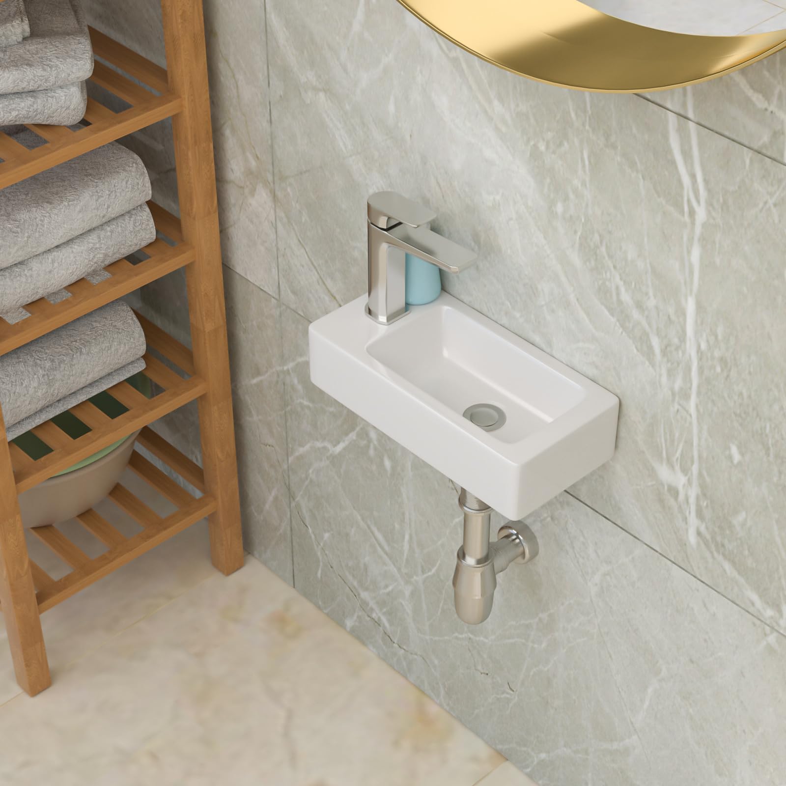 Lordear Small Bathroom Sink Wall Mounted Corner Sink 15"x 7" Floating Hand Wash Basin Wall Hung Left Hand White Ceramic Tiny Vessel Sink for Cloakroom Bathroom