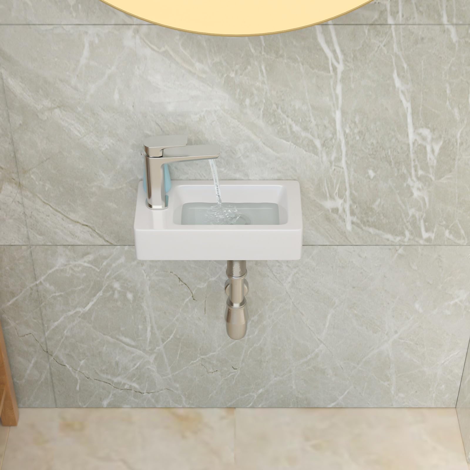 Lordear Small Bathroom Sink Wall Mounted Corner Sink 15"x 7" Floating Hand Wash Basin Wall Hung Left Hand White Ceramic Tiny Vessel Sink for Cloakroom Bathroom