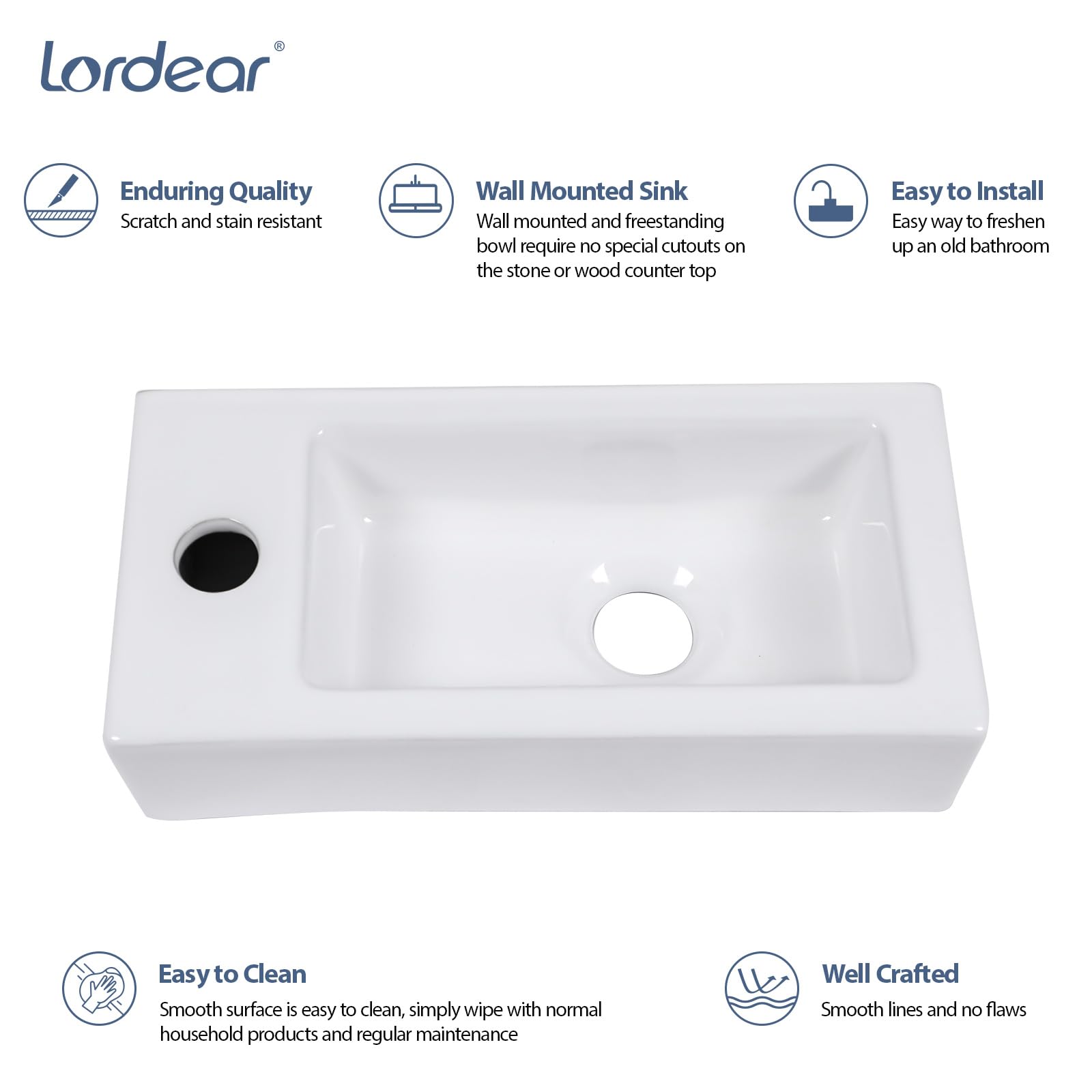 Lordear Small Bathroom Sink Wall Mounted Corner Sink 15"x 7" Floating Hand Wash Basin Wall Hung Left Hand White Ceramic Tiny Vessel Sink for Cloakroom Bathroom