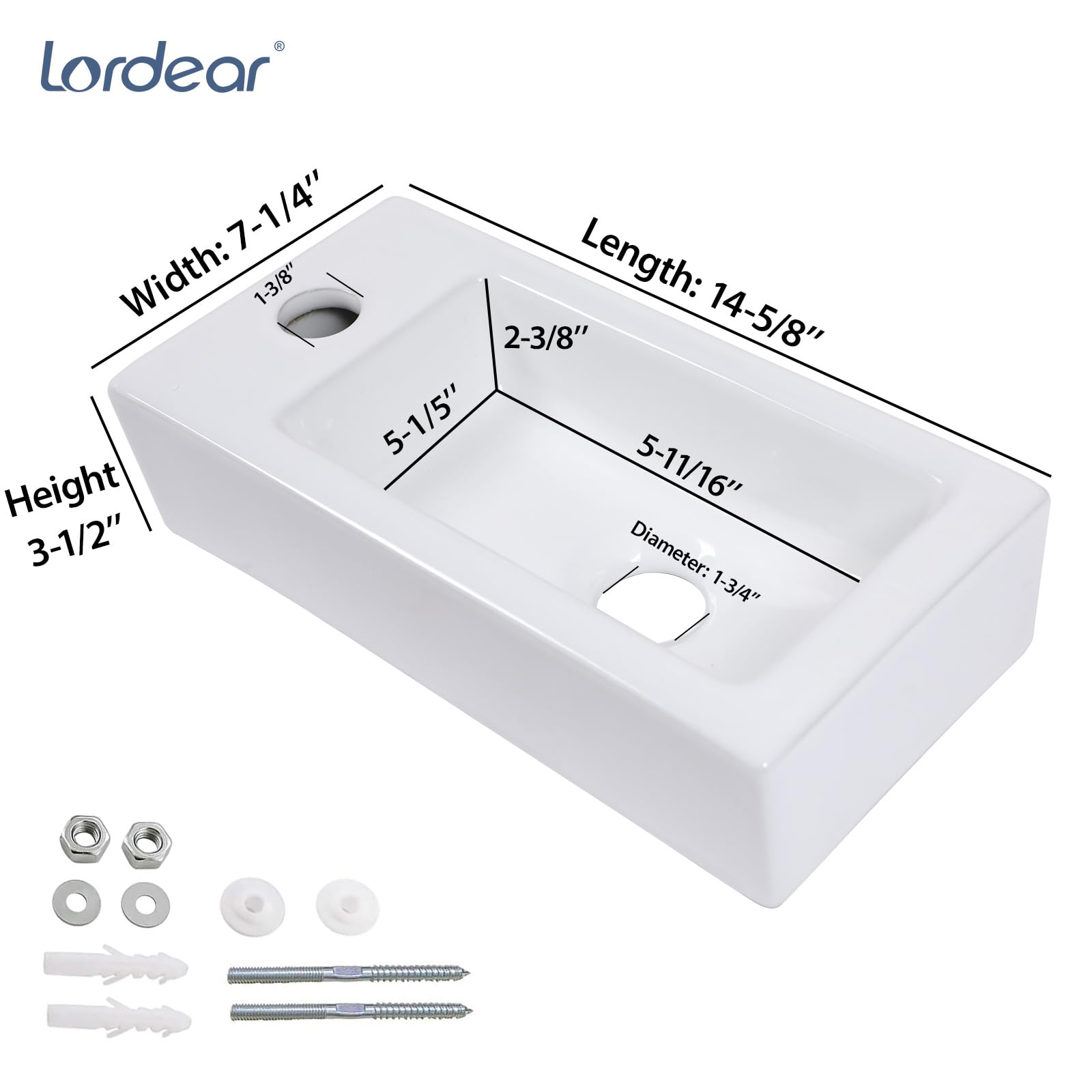 Lordear Small Bathroom Sink Wall Mounted Corner Sink 15"x 7" Floating Hand Wash Basin Wall Hung Left Hand White Ceramic Tiny Vessel Sink for Cloakroom Bathroom