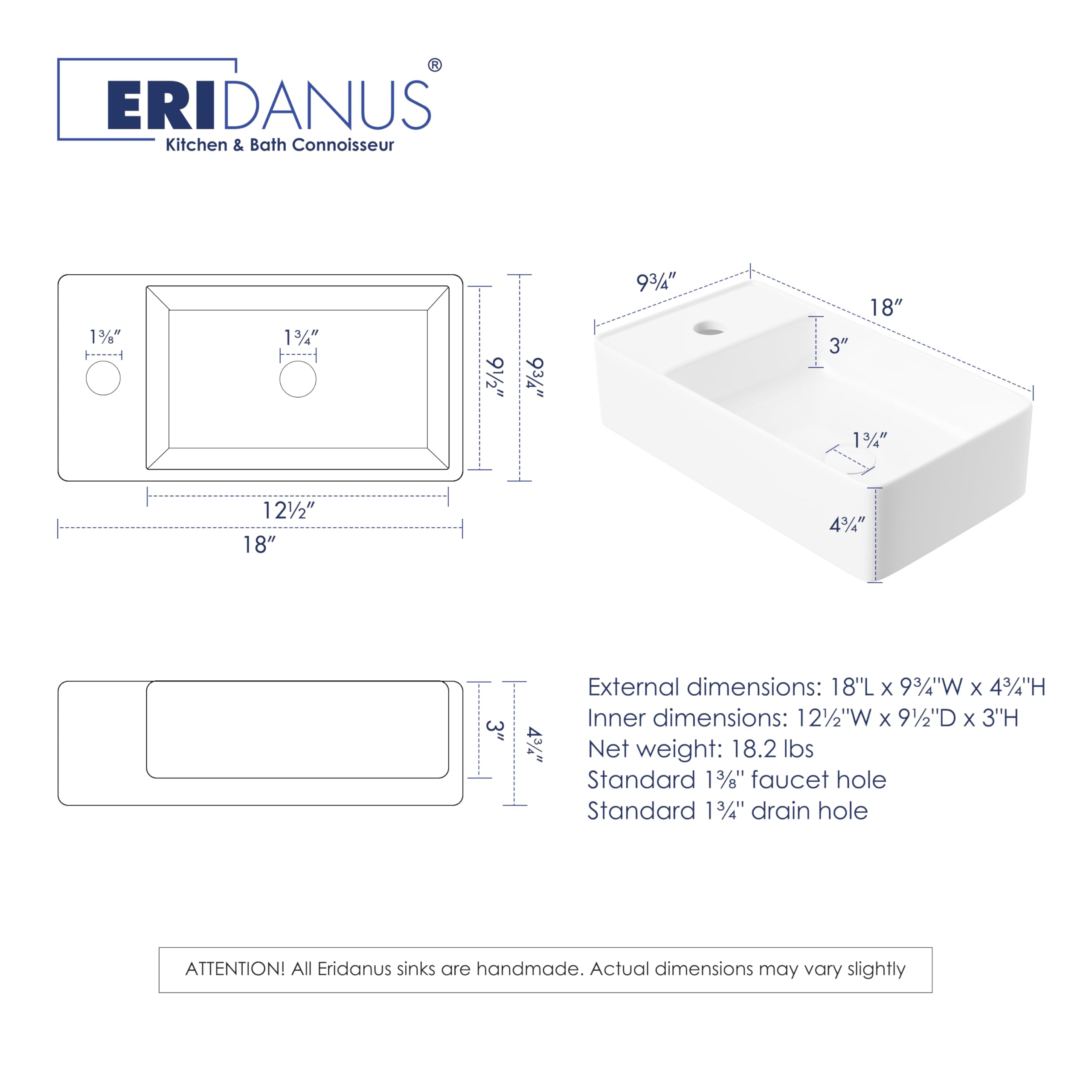 Bathroom Sink 18" x 10" Rectangle, Eridanus Wall Mount Vessel Sink Floating, Modern White Ceramic Porcelain Vitreous Countertop Wash Basin Wall Hang Bowl Space Saving Small Sinks