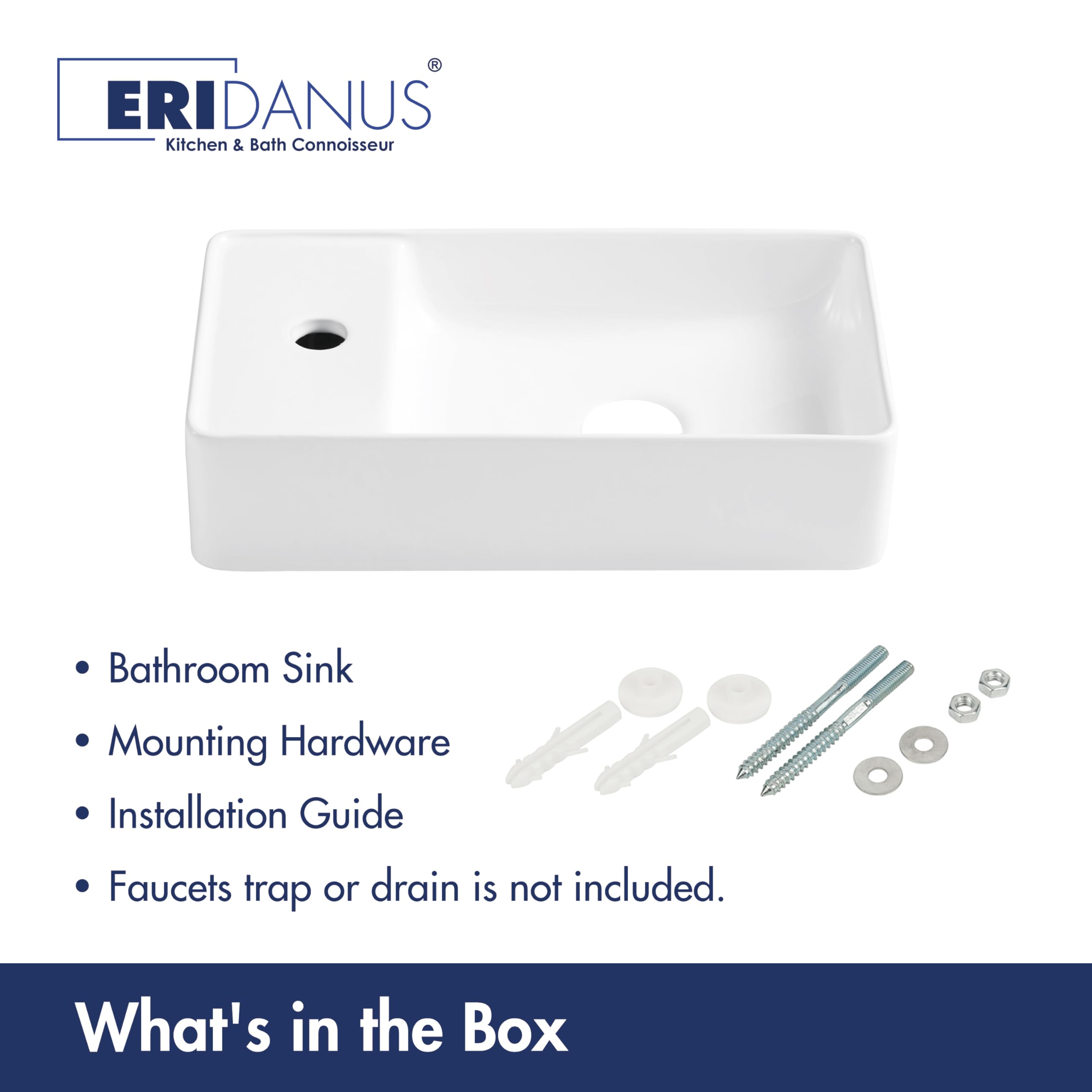 Bathroom Sink 18" x 10" Rectangle, Eridanus Wall Mount Vessel Sink Floating, Modern White Ceramic Porcelain Vitreous Countertop Wash Basin Wall Hang Bowl Space Saving Small Sinks