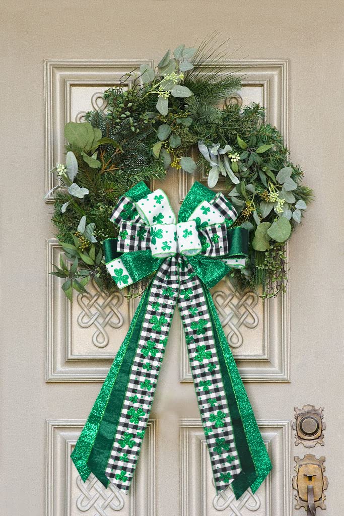 Hying Large St. Patrick's Day Bows for Wreath, Black White Buffalo Plaid Bow Green Shamrock Wreath Bows Holiday Burlap Bow Tree Topper Bows for Front Door Saint Patrick's Day Decorations Supplies