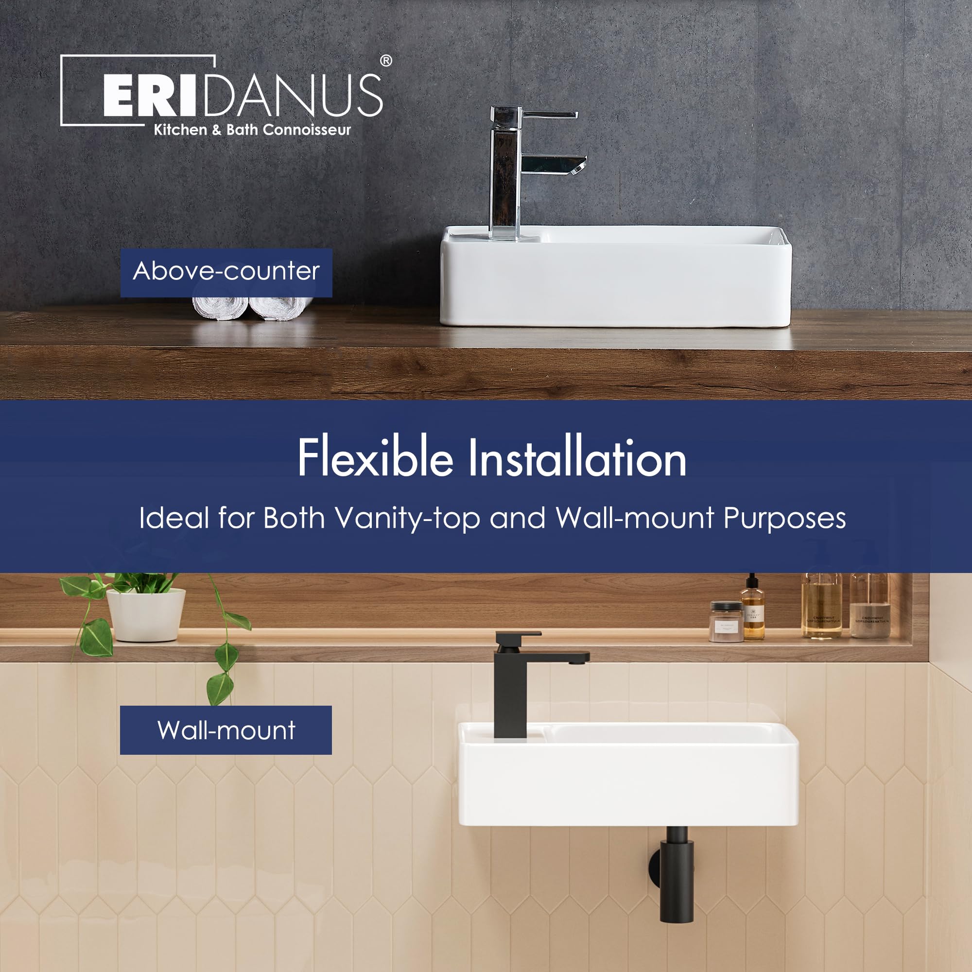 Bathroom Sink 18" x 10" Rectangle, Eridanus Wall Mount Vessel Sink Floating, Modern White Ceramic Porcelain Vitreous Countertop Wash Basin Wall Hang Bowl Space Saving Small Sinks