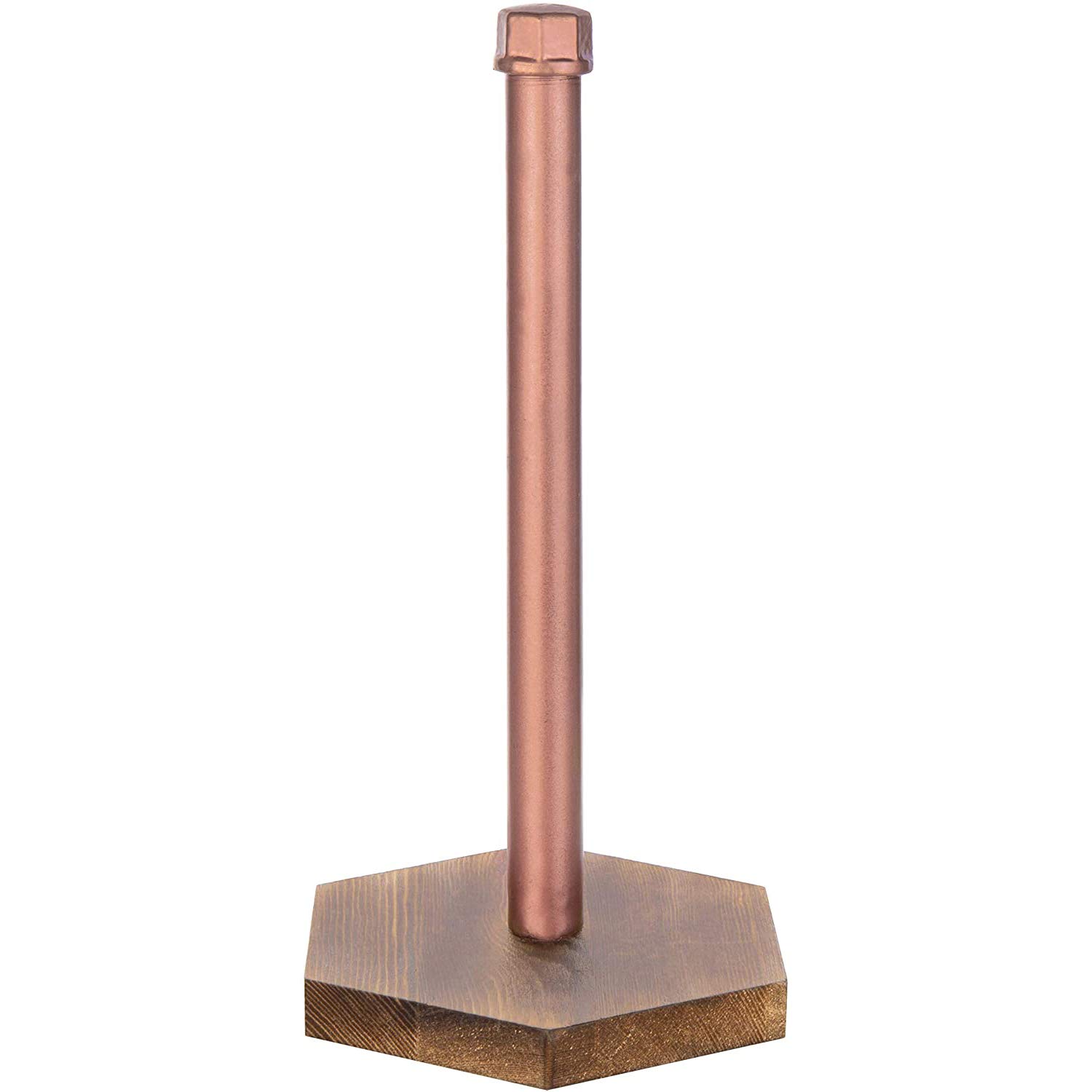 MyGift Industrial Copper Metal Paper Towel Holder with Burnt Wood Base, Countertop Paper Towel Roll Dispenser Stand